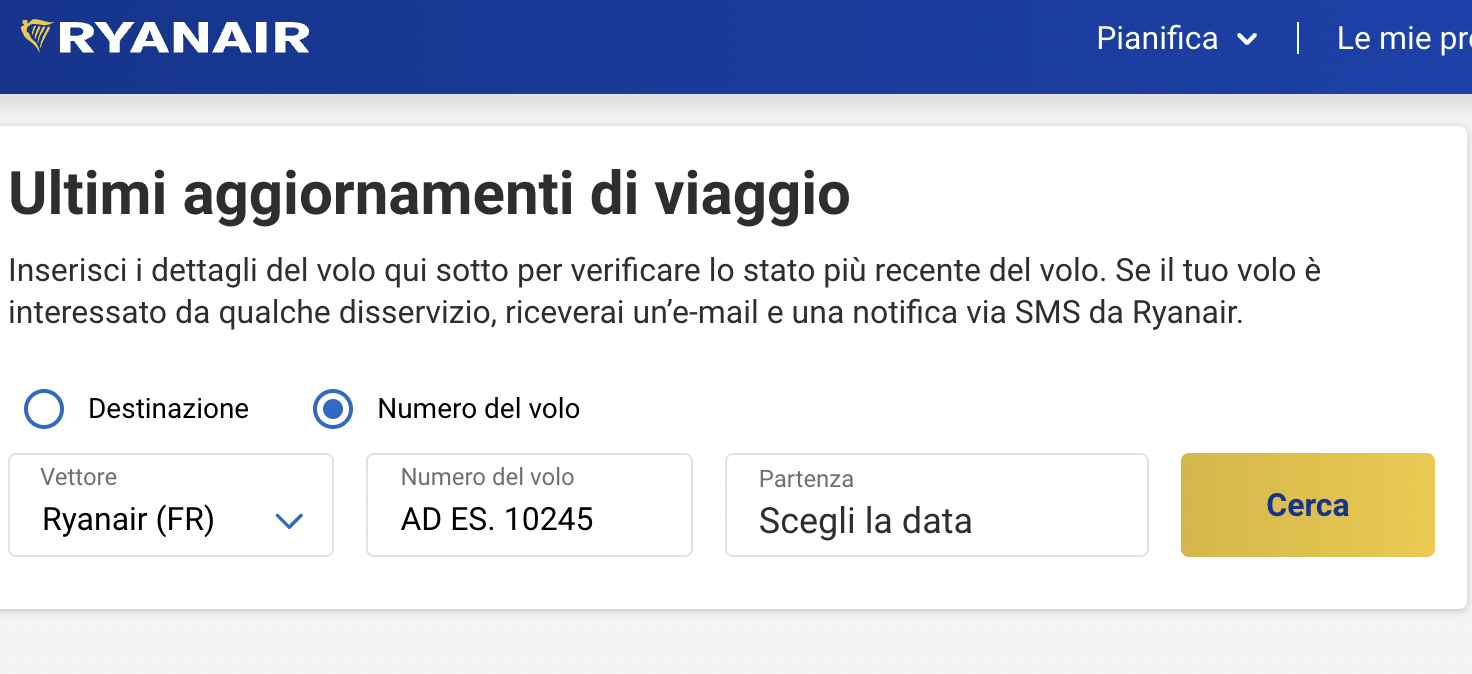 Seleziona un volo Ryanair e controlla se è stato cancellato o ritardato ...